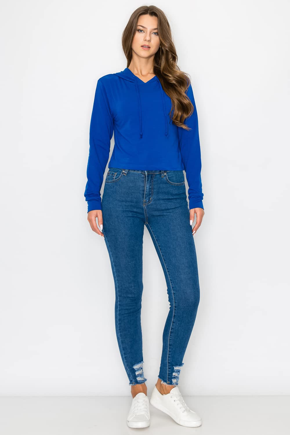 Sheismine Women's Crop Hoodie Pullover - Casual French Terry Long Sleeve Cropped Top Basic Active Running Yoga Sweatshirt FT4805 Royal L