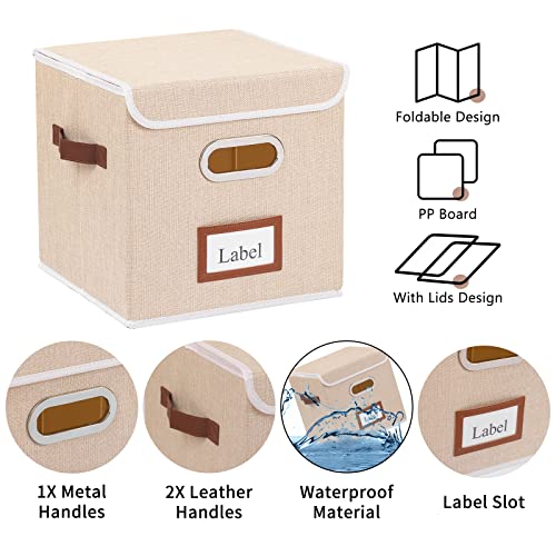 Yawinhe 4 Packs Storage Boxes, 11 x 11 x 11 Inch Storage Cubes, Storage Bins Organizer Containers with Dual Leather Handles for Home Bedroom Closet Office (Beige, 4-Pack)
