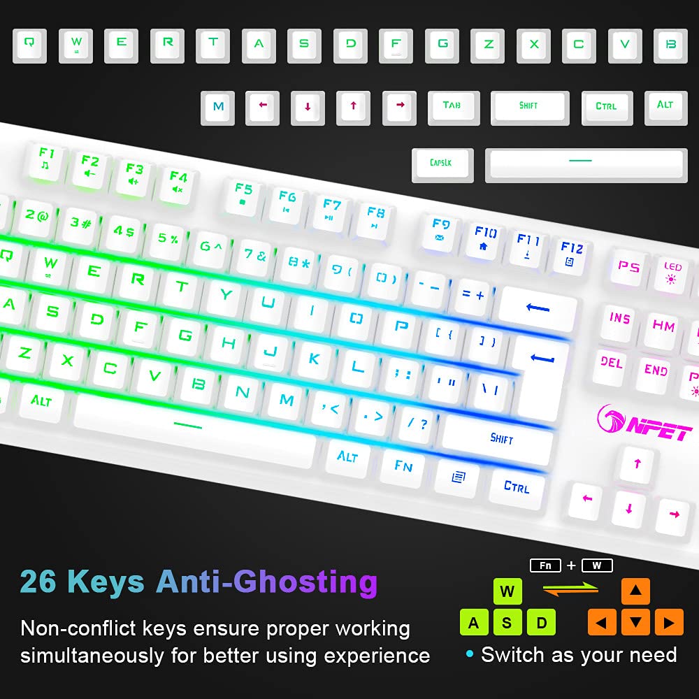 NPET S20 Wired Gaming Keyboard and Mouse Combo, RGB Backlit Quiet Ergonomic Mechanical Feeling Keyboard, Gaming Mouse 6400 DPI, for Desktop, Computer, PC, White…