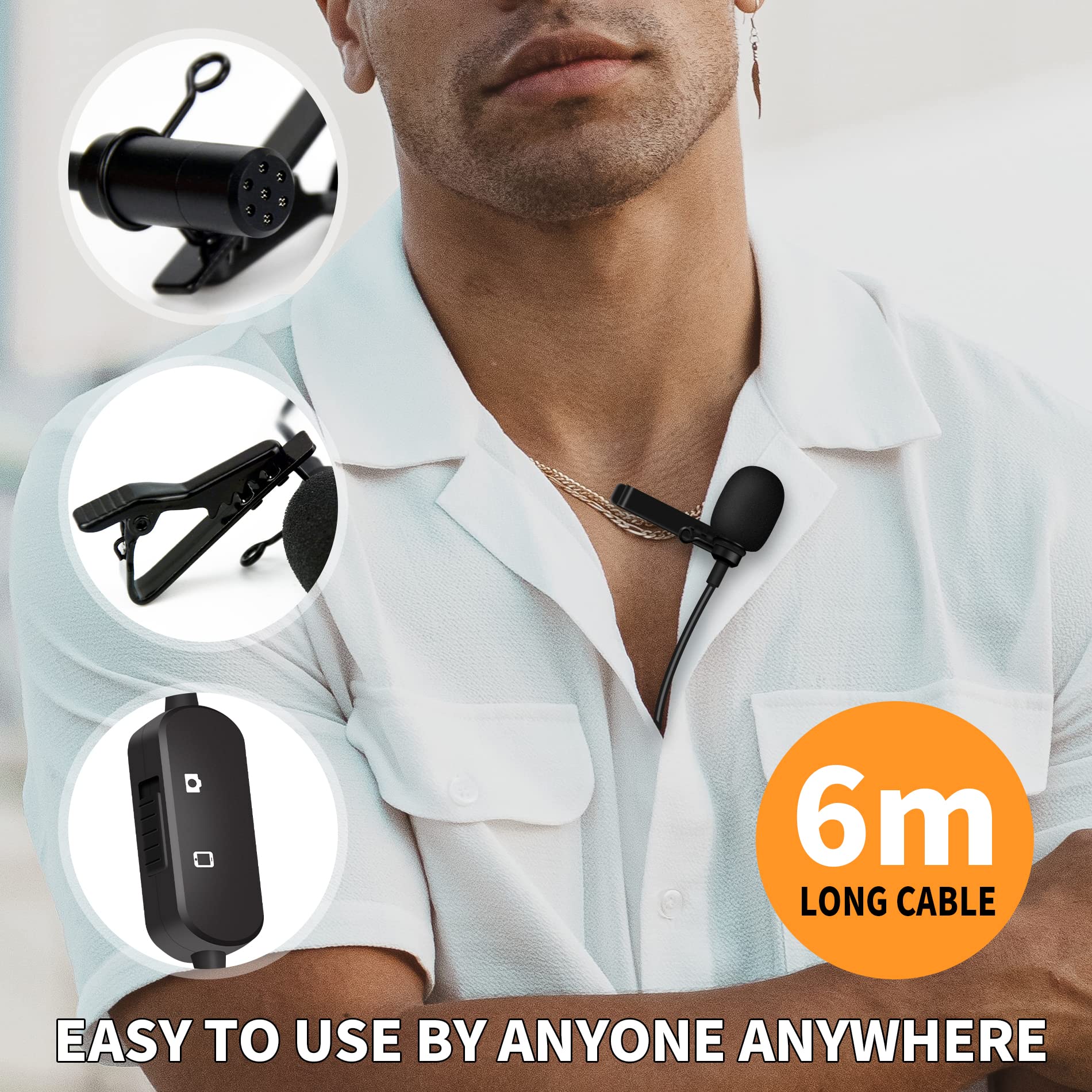 REALMIC Professional Lavalier Omnidirectional Condenser Microphone for iPone and Android Smartphone Audio Video Recording, Plug and Play-for YouTube Tiktok Podcast Interviews