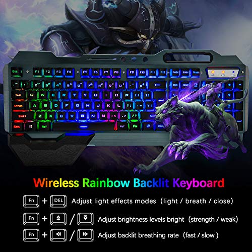 Wireless gaming Keyboard and Mouse,Rainbow Backlit Rechargeable Keyboard Mouse with 3800mAh Battery Metal Panel,Removable Hand Rest Mechanical Feel Keyboard and 7 Color Gaming Mute Mouse for PC Gamers