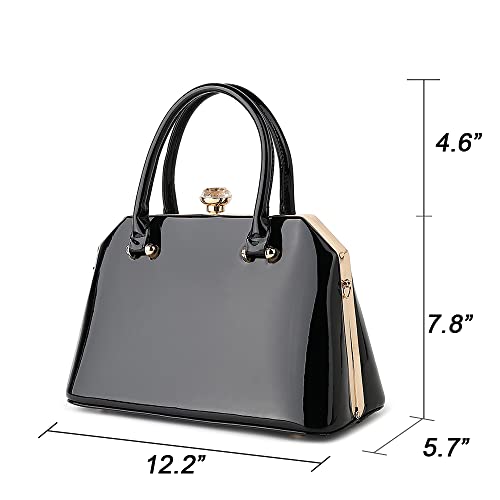 Style Strategy Push Lock Crossbody for women trapezoid Handbags Hardware Chain Crocodile Textured Shoulder black patent leather bag