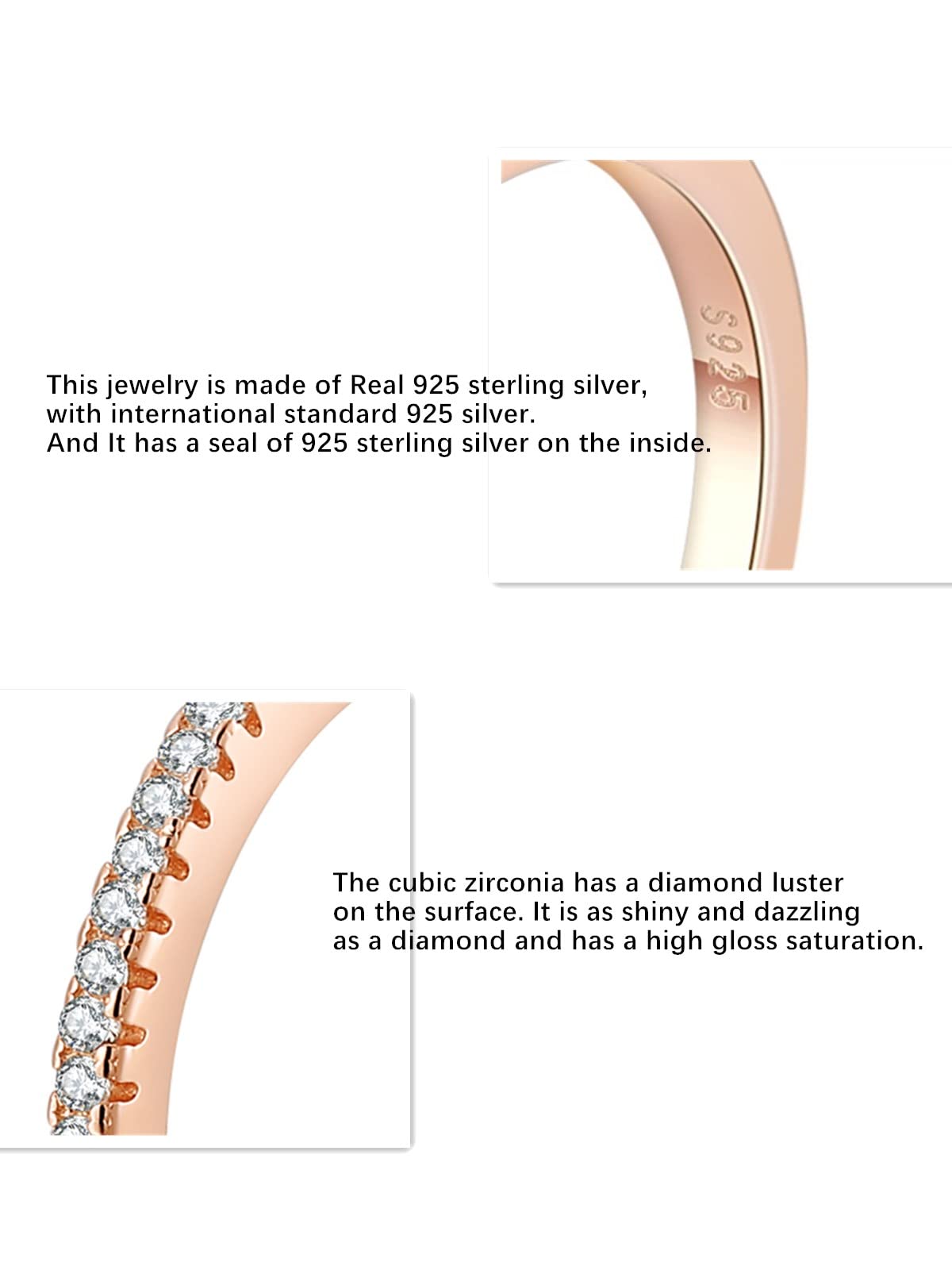 SILBERTALE 925 Sterling Silver 2MM Thin Rose Gold CZ Simulated Diamond Cubic Zirconia Ring Eternity Band Midi Knuckle Finger Engagement Wedding Band Stackable Rings For Her Size 6.5