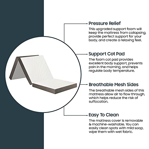 Zayton 4-Inch Tri-Folding Portable Floor Gel Memory Foam Mattress | Comfortable Support, Standard Size, Cot Pad, Breathable Mesh Sides with Ultra Soft, Removable and Washable Cover, Queen, White