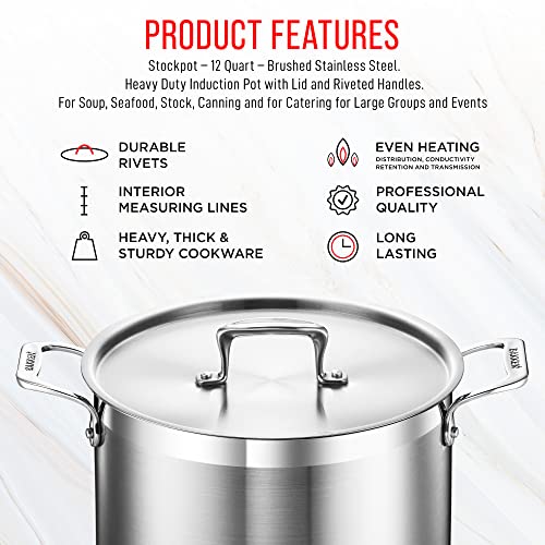 Stockpot – 12 Quart – Brushed Stainless Steel – Heavy Duty Induction Pot with Lid and Riveted Handles – For Soup, Seafood, Stock, Canning and for Catering for Large Groups and Events by BAKKEN