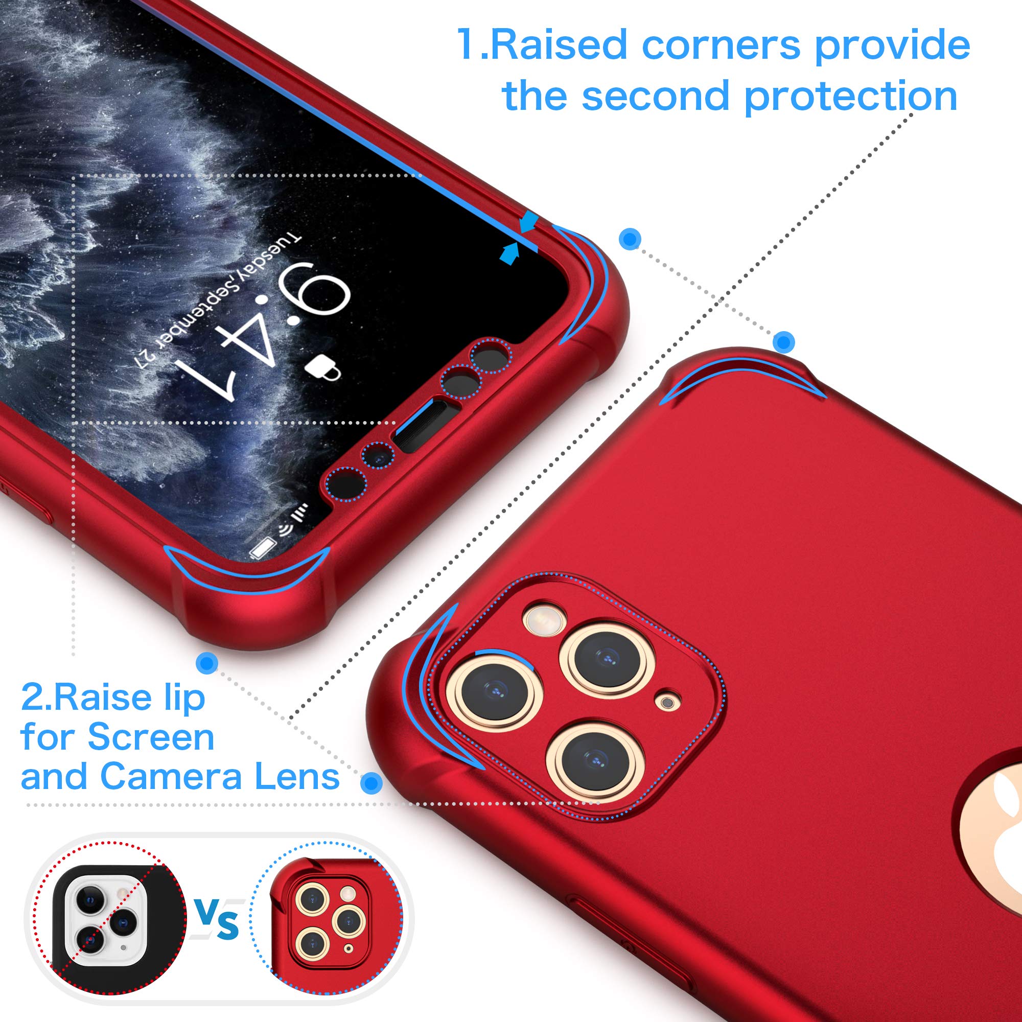 ORETECH iPhone 11 Pro Max Case, 360 Full Body Protection [2 x Tempered Glass Screen Protector], Hard PC & Soft Rubber Silicone Cover - 6.5" Red