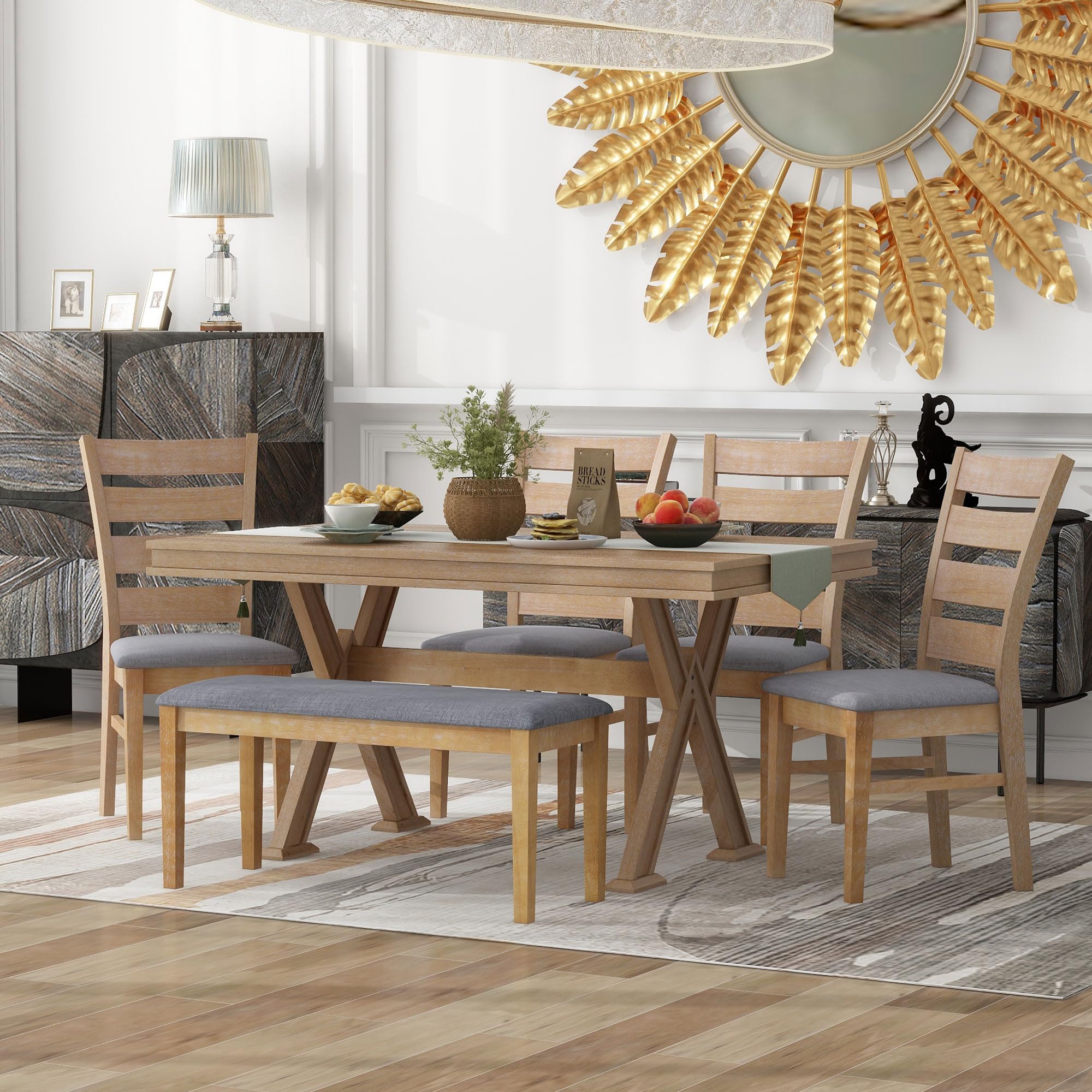 LIADTOP 6-Piece Set, Retro 59" L Rectangular Table with Unique Legs and 4 Upholstered Chairs & 1 Bench, Dining Room and Kitchen,Natural Wood Wash