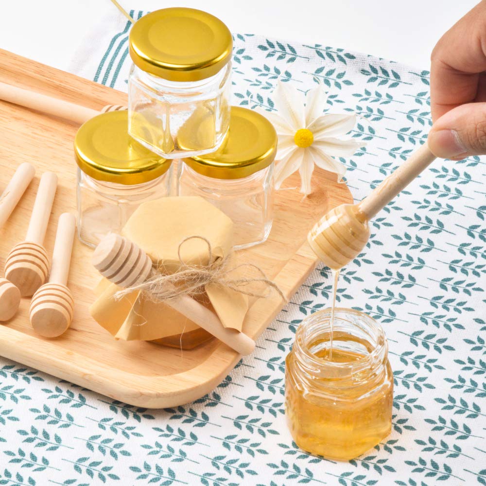 Rormket 1.5oz 6Pack Mini Glass Hexagon honey Jars Gold Lids, Jam Honey Dipper,Wedding Favors,Baby Food,Candle,Crafts Canning Jar,Glasses jar (Golden)
