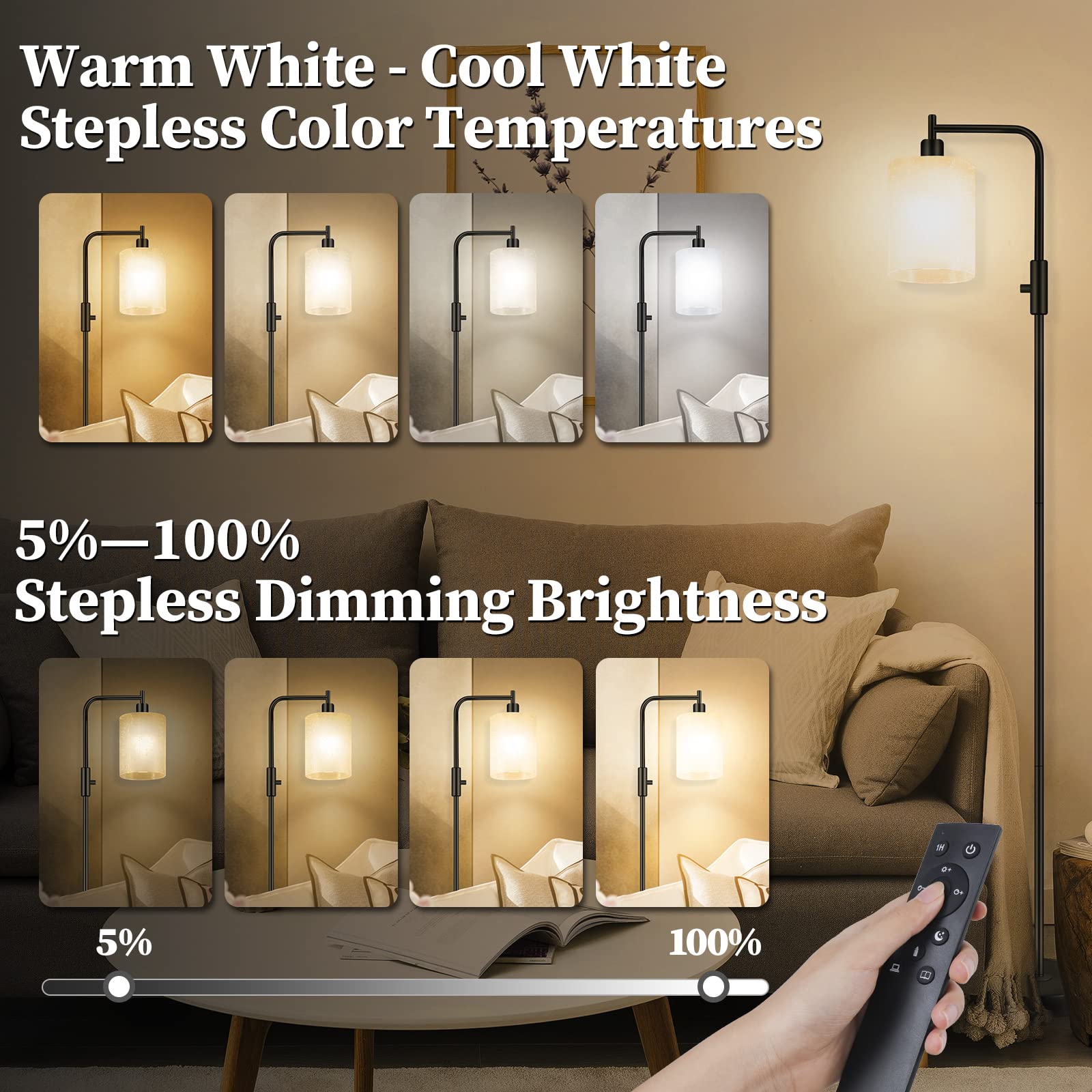 OUTON Modern Floor Lamp, Dimmable Industrial Floor Lamp with Remote Control, Stepless Color Temperature, Timer, LED Tall Stand Lamp with Hanging Frosted Glass Shade for Living Room, Bedroom, Office