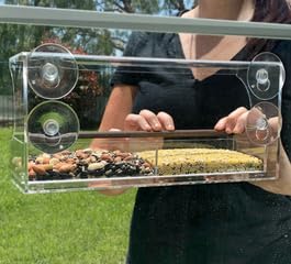 Window Bird Feeder with Strong Suction Cups - Innovative Anti-Yellowing Acrylic Technology - Extra Large 4 Cups Lock in Place Seed Tray