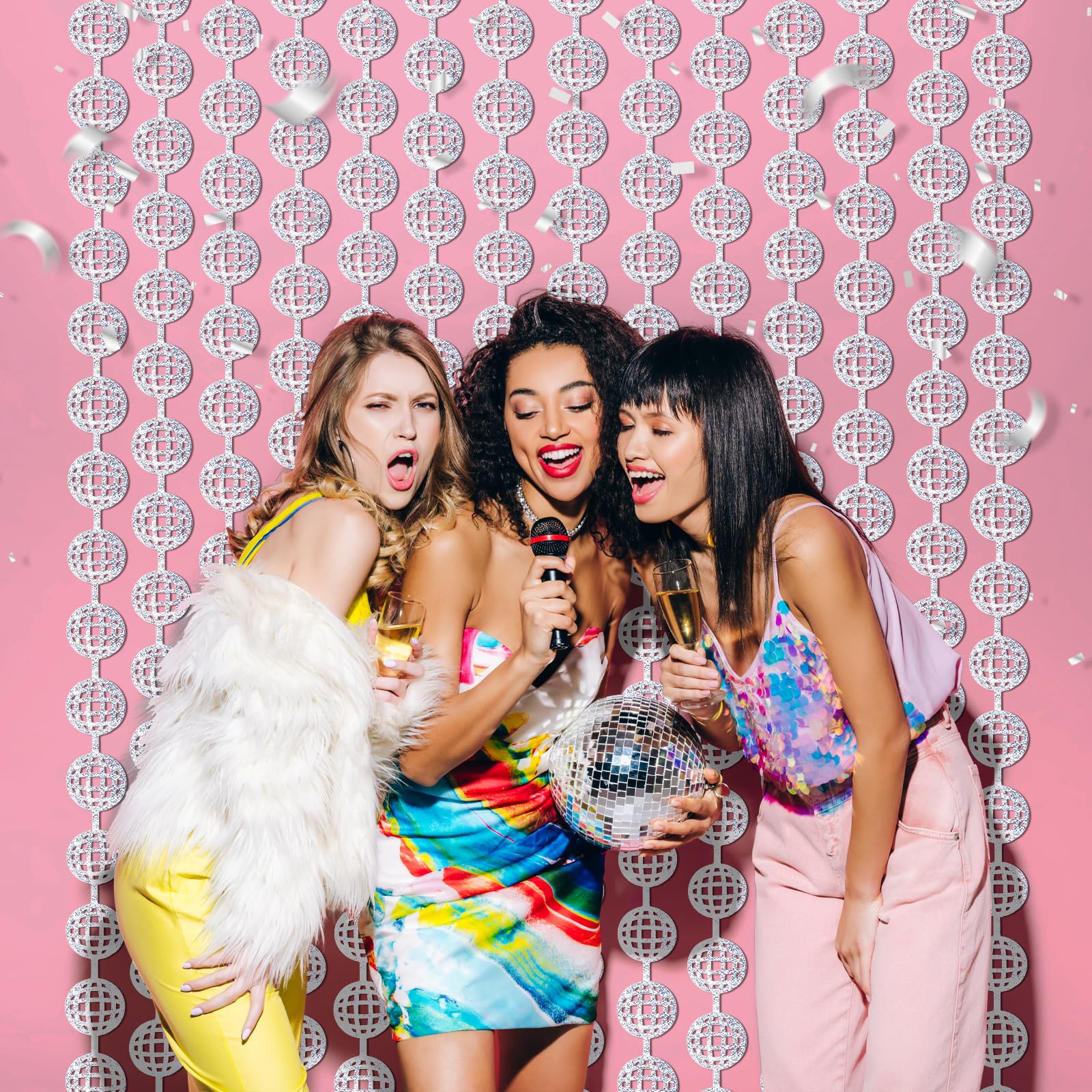 MENSTARSI Disco Party Decorations, 4 Pack Disco Ball Photo Booth Props,3.3x6.6 ft Silver Foil Fringe Curtains Photo Backdrop for The 70s & 80s Last Disco Bachelorette, Decades, Taylor Party Decor