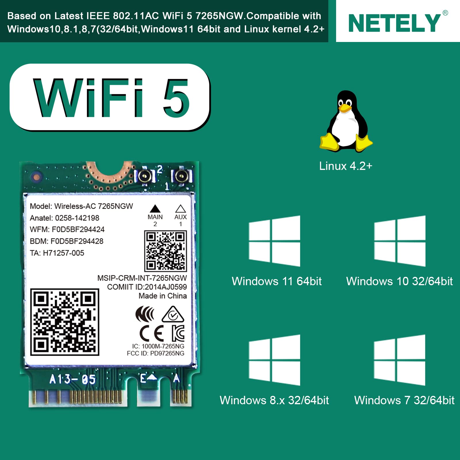 NETELY Wireless-AC 3165NGW NGFF M2 Interface WiFi Adapter with Bluetooth 4.2, Intel Wireless-AC 3165NGW, 2.4GHz 150Mbps & 5GHz 433Mbps Wireless Network Card (Wireless-AC 3165NGW)