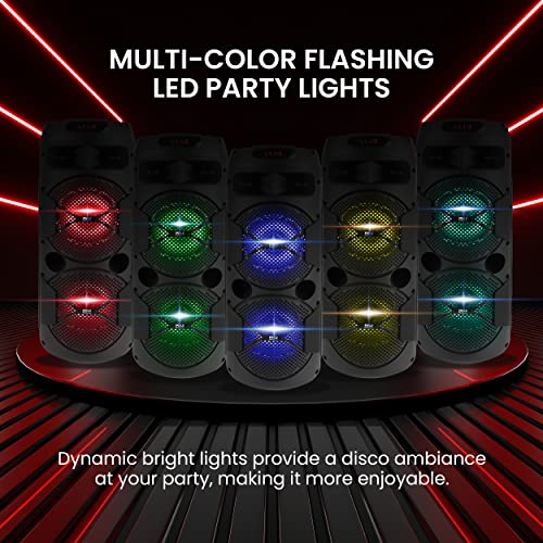 Pyle Portable Bluetooth PA Speaker-300W Dual 8" Rechargeable Indoor/Outdoor BT Karaoke Audio System-TWS, Party Lights, LED Display, FM/AUX/MP3/USB, 6.5mm in, Carry Handle-Wireless Mic, Remote Control