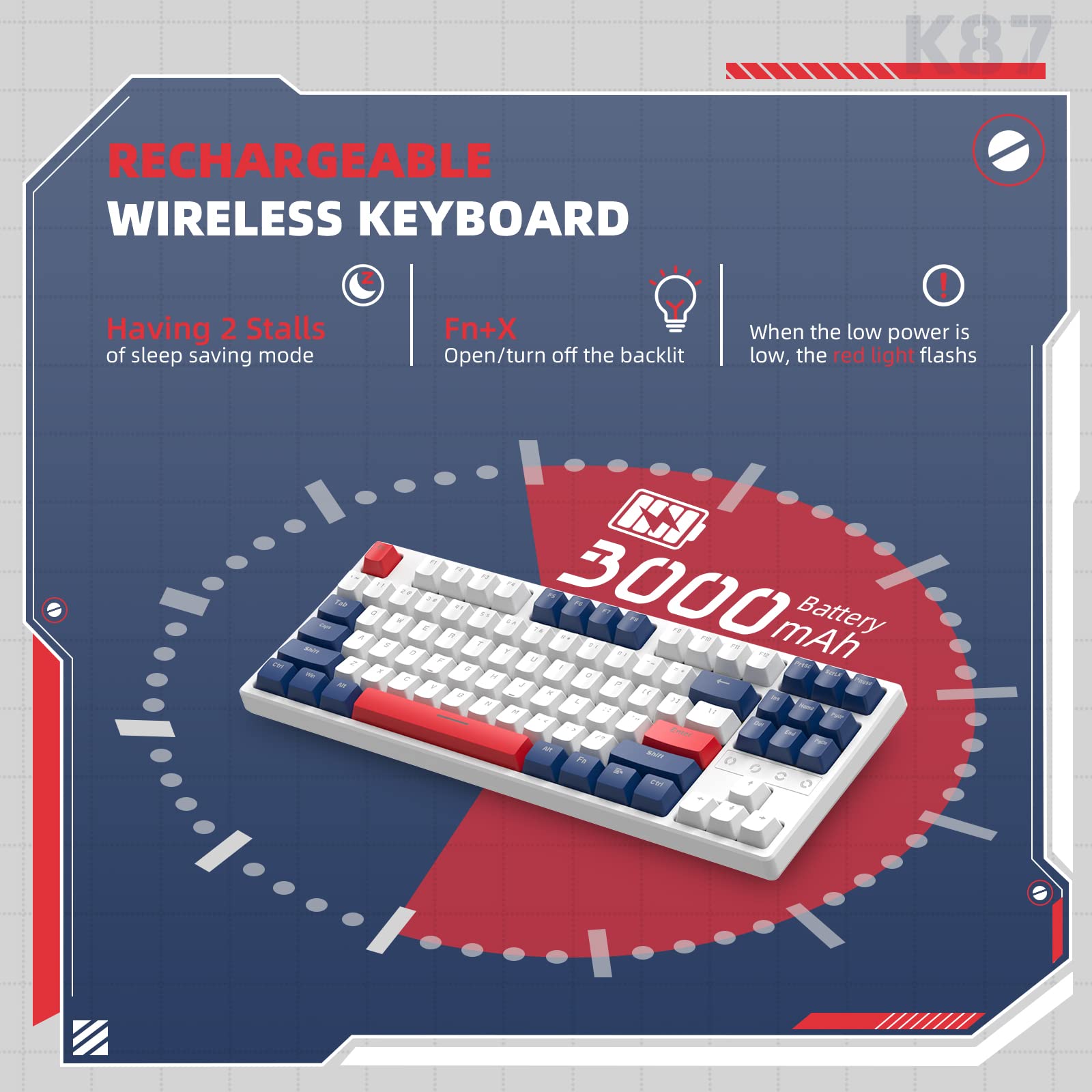 ZIYOU LANG Wireless Gaming Mechanical Keyboard,RGB Backlit 87 Keys Hot Swappable Custom Keyboard, Gasket Structure Triple Mode 2.4Ghz/BT 5.0/Wired Rechargeable Keyboard, Red Switch