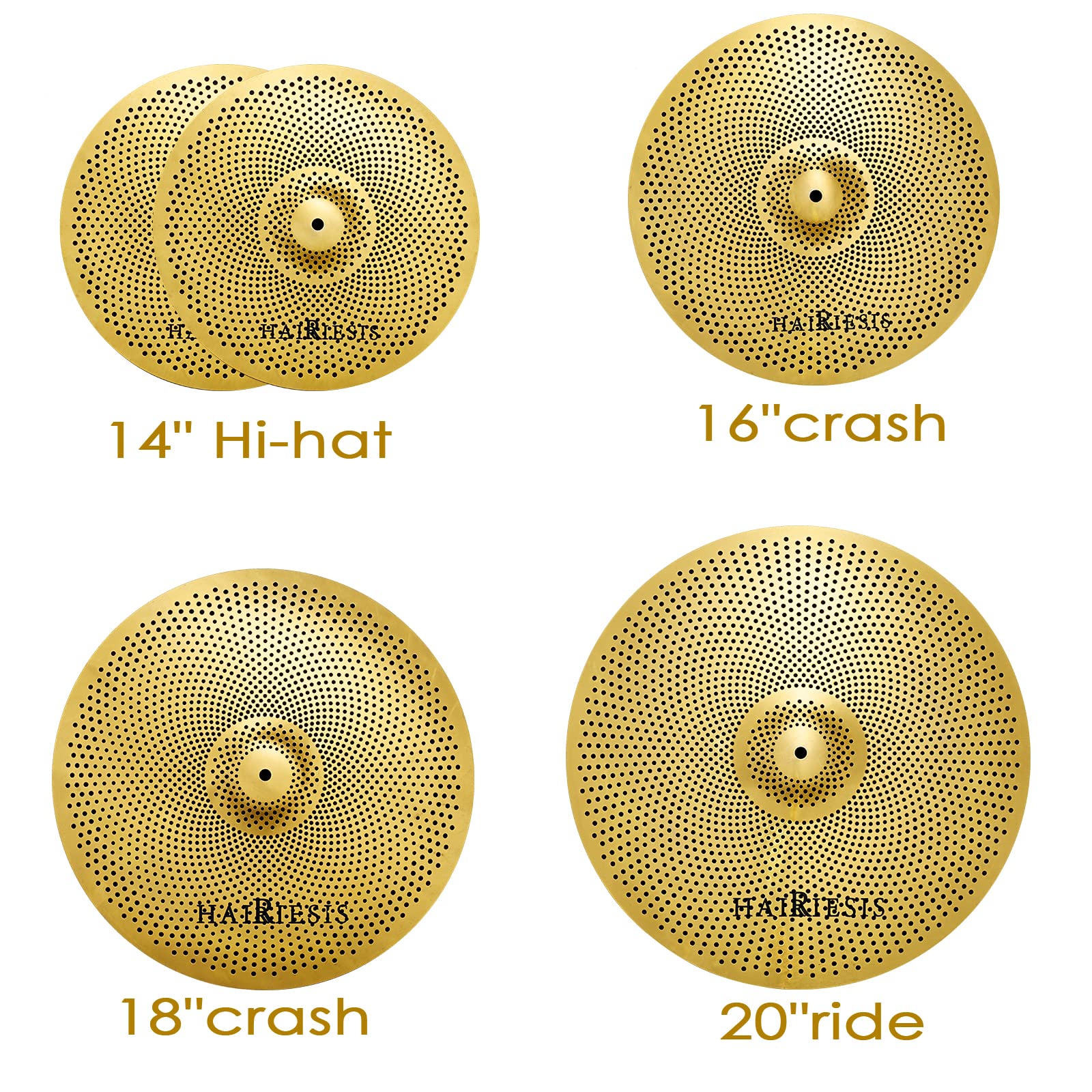 Silent Low Volume Cymbal Set 70%-80% Cymbal Set 14'Hi-Hat+16"Crash+18'Crash+20"Ride 5 pieces of Golden Drummer Practice Cymbals