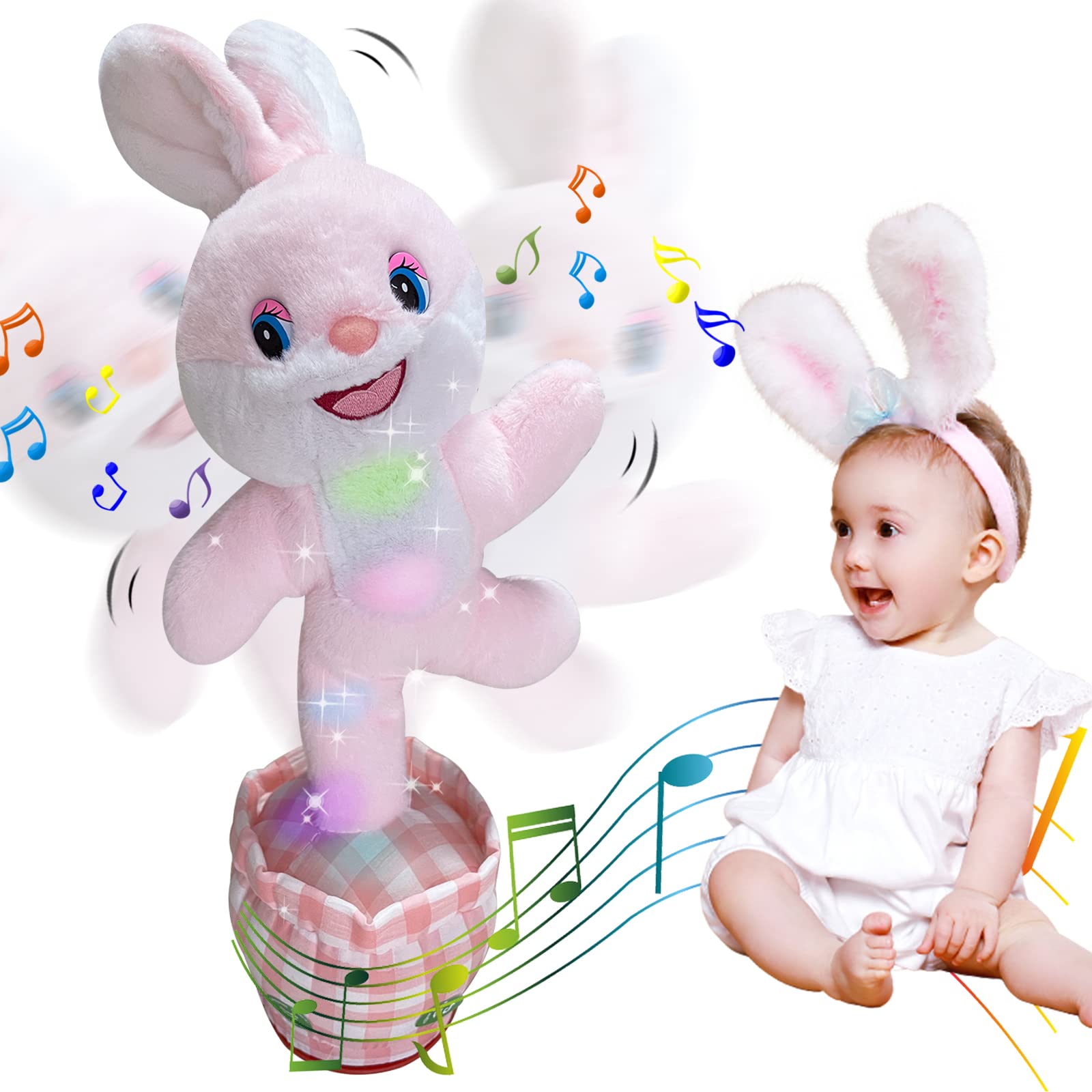 VPOWJI Easter Bunny, Dancing Talking & LED Glow Wiggle Dancing Bunny Toys, Record & Repeating What You Say with 60 English Songs, Easter Decorations Easter for Child (Pink)
