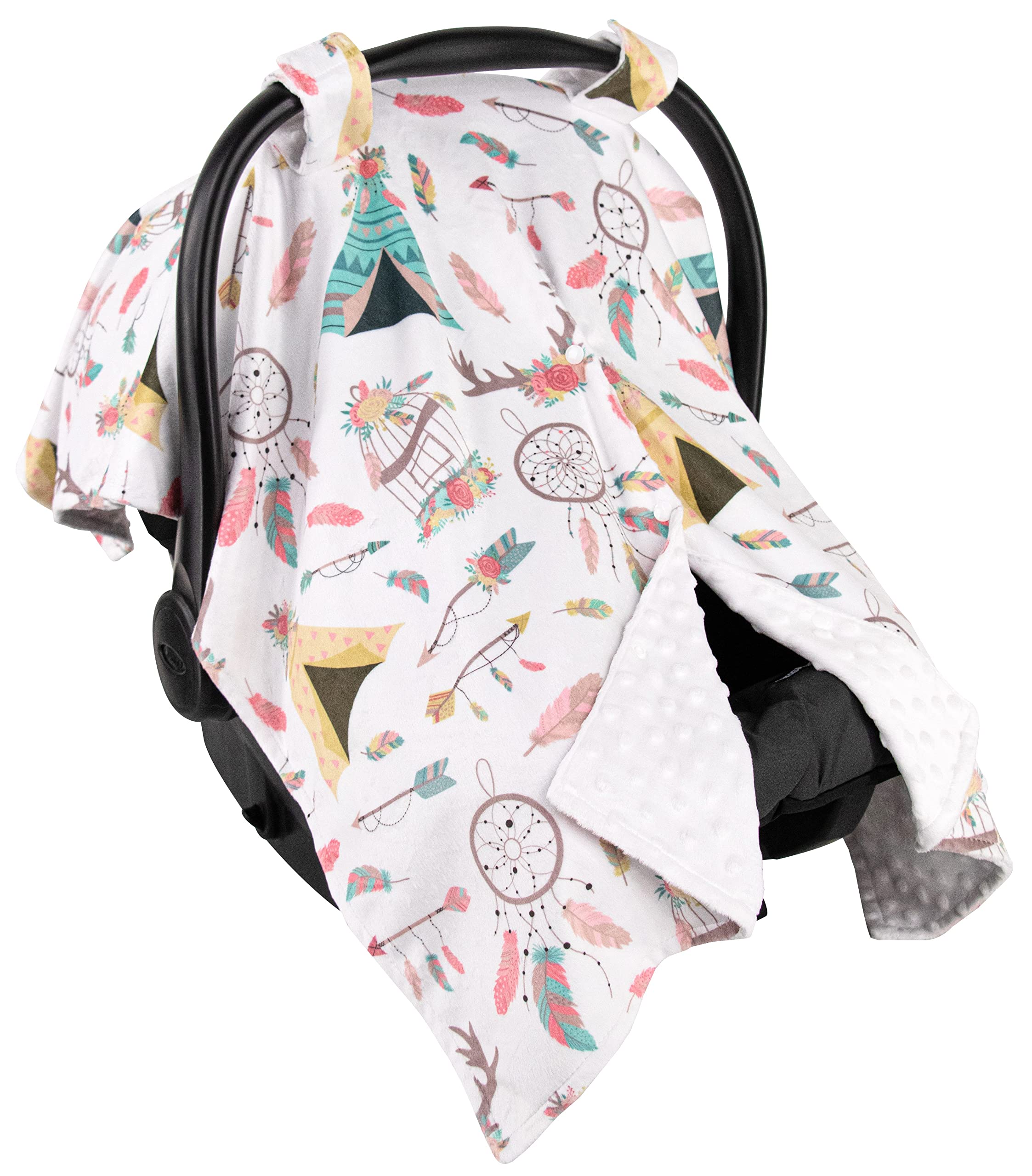 Top Tots Deluxe Minky Baby Car Seat Cover - Owls and Arrows, 40 x 29 Inch Peach