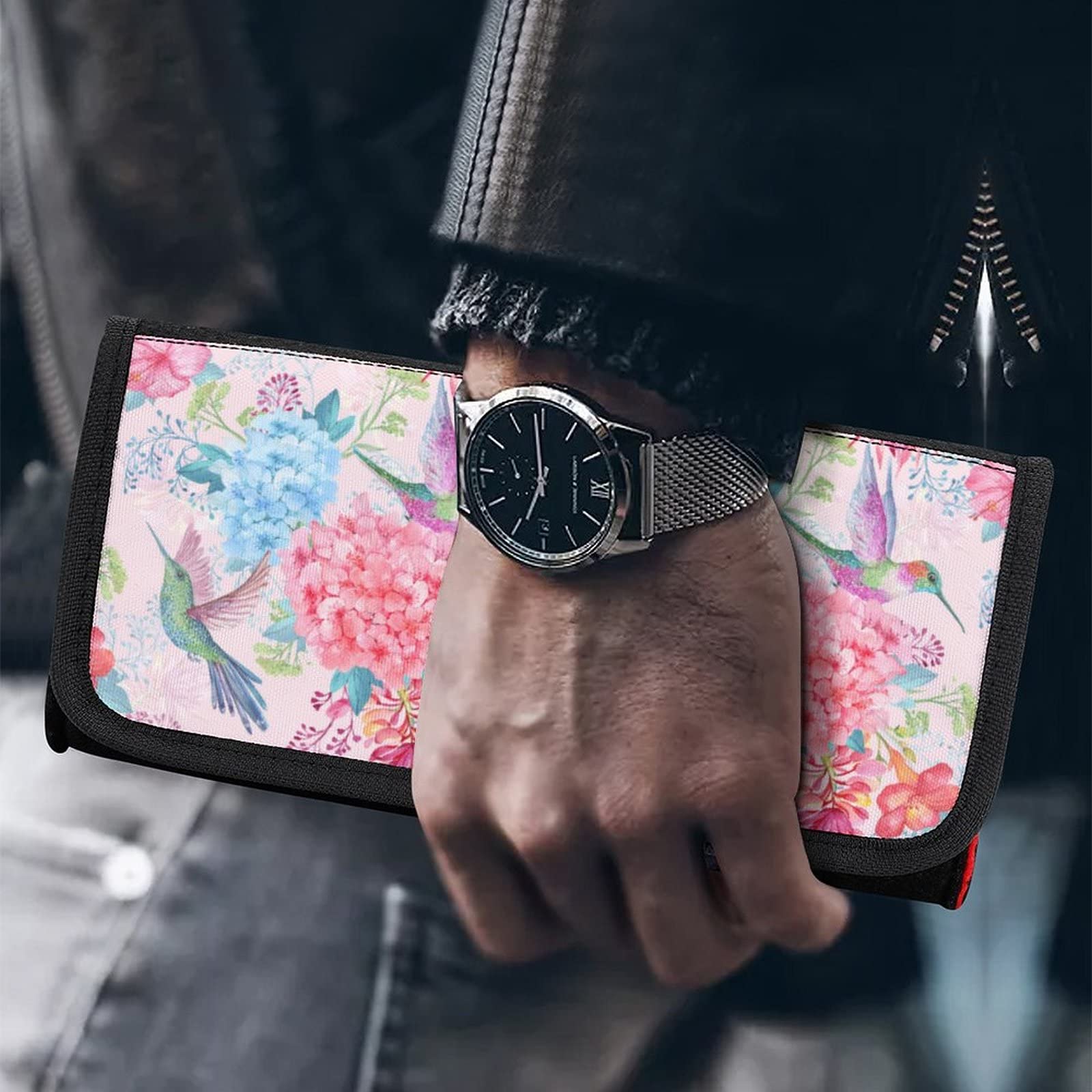 Tropical Flowers and Hummingbirds Carrying Bag Compatible with Switch Protective Case Slim Felt Pouch with 5 Game Cartridges Holders
