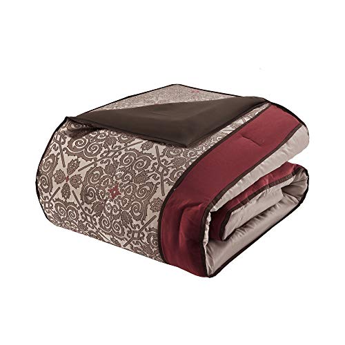 Madison Park Essentials Delaney 24-Piece Room In A Bag Comforter Set-Satin Jacquard, All Season Luxury Bedding, Sheets, decorative pillows and Curtains, Valance, Cal King(104"x92"), Medallion Red