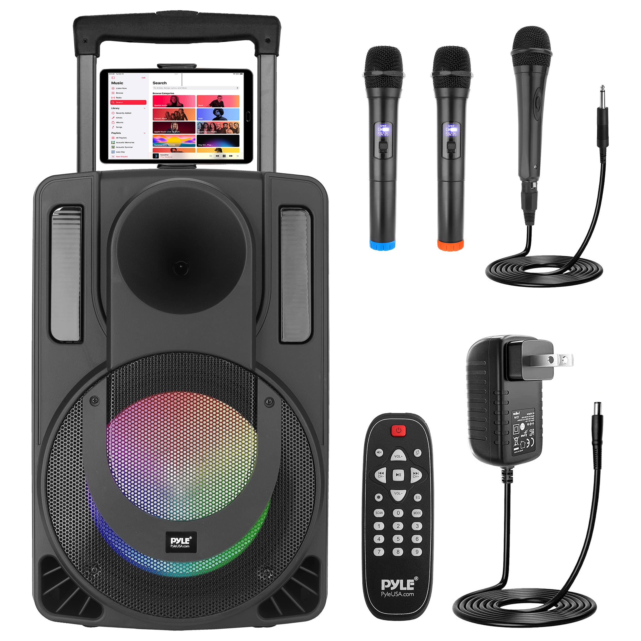 PyleUsa 8ββ Portable PA Speaker System - Wireless BT Streaming PA & Karaoke Party Audio Speaker, Two Wireless Mic, Wired Microphone, Tablet Stand, Flashing Party Lights, MP3/USB//FM Radio - PHPWA8TB