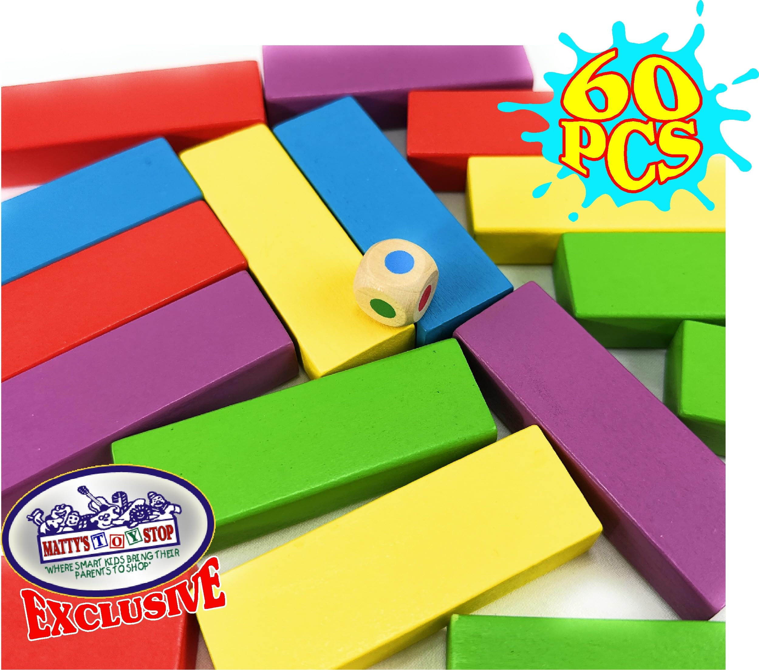 Matty's Mix-Up 60pc Large Colorful Wooden Tumble Tower Deluxe Stacking Game with Storage Bag