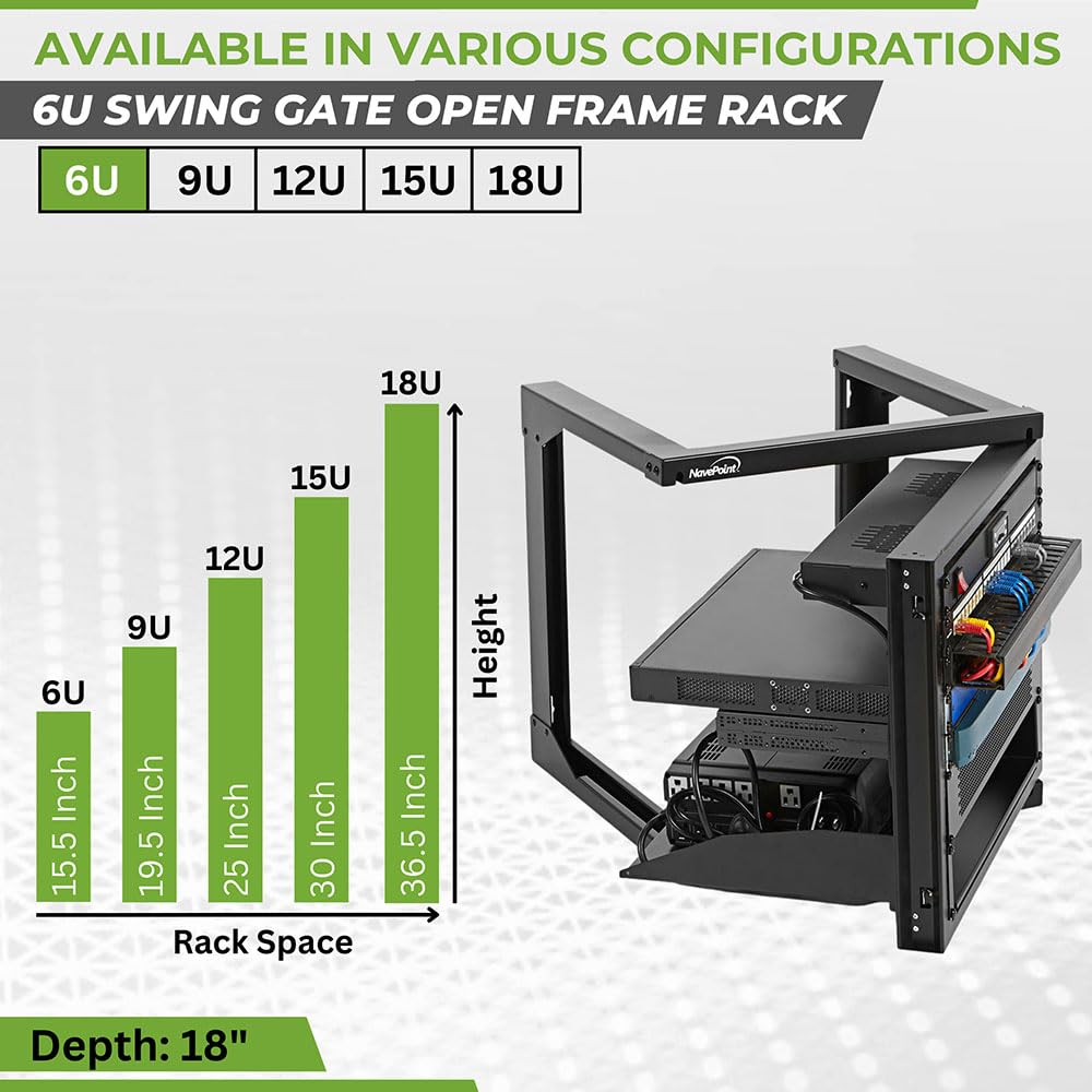 NavePoint 6U Server Rack with Swing Gate - 6U Wall Mount Rack for 19 Inch IT Equipment Open Frame Rack β Network Rack Wall Mount for AV & Server Equipment 18β Deep 6U Rack, Black
