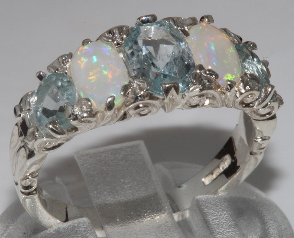 LetsBuyGold 925 Sterling Silver Real Genuine Aquamarine and Opal Womens Promise Ring - Size 9