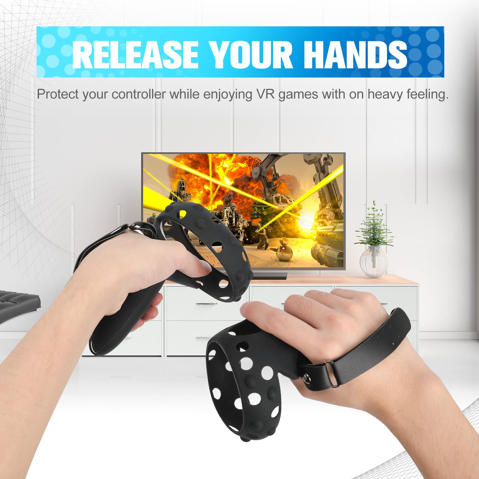 VR Controller Grip Cover Compatible with Meta/Oculus Quest 2 - Upgraded Anti-Slip Silicone with Battery Opening, Adjustable Wrist Knuckle Leather, Anti-Fall Protective Handle Sleeve - VR Accessories