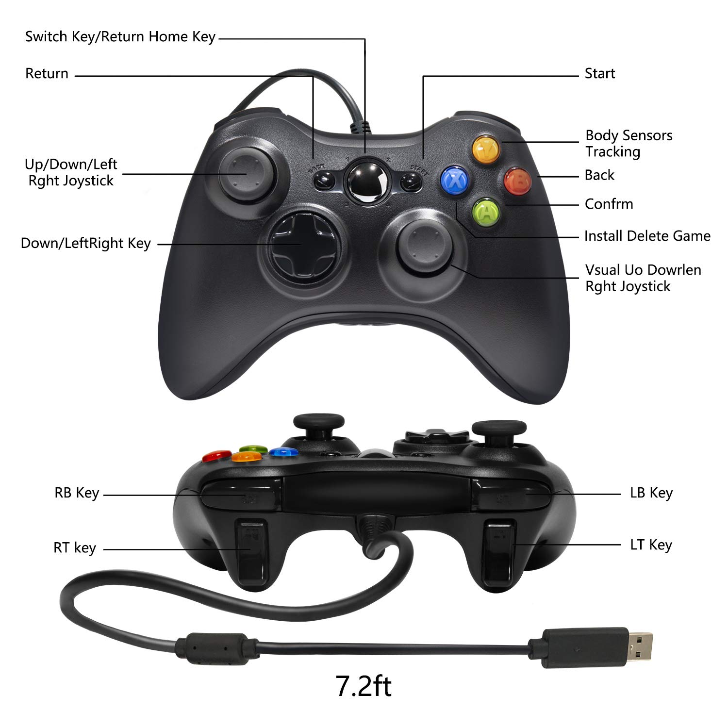 Medvoe Wired Controller for Xbox 360, 7.2 Ft USB Wired Gamepad Joystick Game Remote with Dual-Vibration Turbo, Trigger Buttons for Xbox360, Xbox 360 Slim and PC Windows 7,8,10 - Black