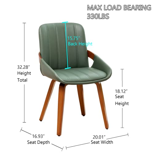 YOUUGIOR Mid Century Modern Faux Leather Upholstered Dining Chairs Set of 2,Armless Accent Chairs with Sturdy Natural Wood Legs,Bamboo Backrest Support for Kitchen&Dining Room Chairs(Green PU)
