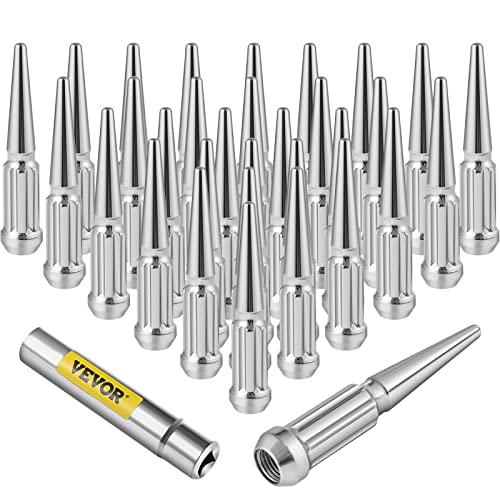 VEVOR M14x1.5 Spike Lug Nuts, 32 PCS Chrome Spiked Lug Nuts 14mmx1.5, 4.4" Tall Closed End Acorn Wheel Lug Nut w/ 1 Socket Key, Compatible with Chevy Silverado 1500 2500 3500, Ford GMC Sierra, Silver