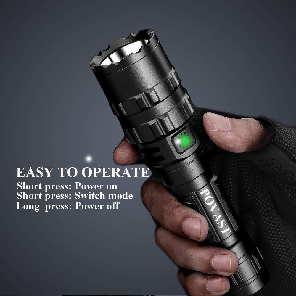 POVAST Tactical Flashlight Picatinny Rail Mount 1600 Lumens Side Switch Remote Pressure Switch USB Rechargeable, Matte Black