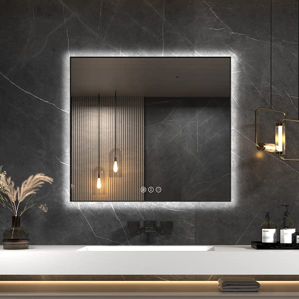 OKPAL 24x32 Inch Backlit LED Bathroom Mirror for Wall, Black Framed Lighted Wall Mirror, Dimmable Vanity Mirror with Lights, Anti-Fog, Shatterproof, ETL Listed (Horizontal/Vertical)