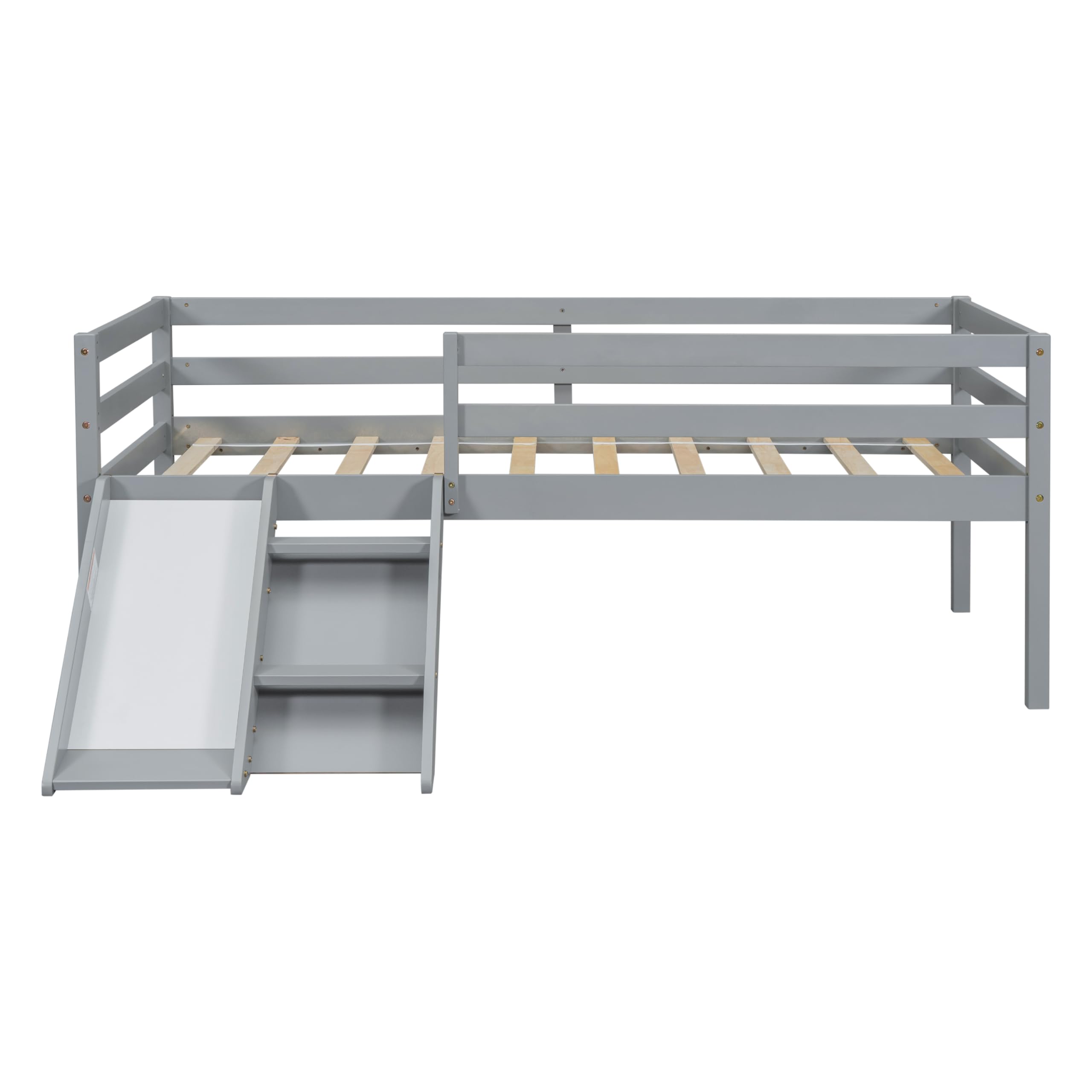 Twin Low Loft Bed with Slide, Ladder & Safety Guardrails, Wood Loft Bed Frame for Kids Teens Boys & Girls, No Box Spring Needed,Grey
