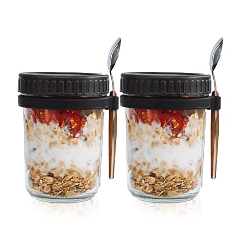 ZCXQM Overnight Oatmeal Containers and Spoon, 10 oz Set of 2, Glass Mason Jars with Airtight Lids for Cereal Yogurt and Parfait (Black)