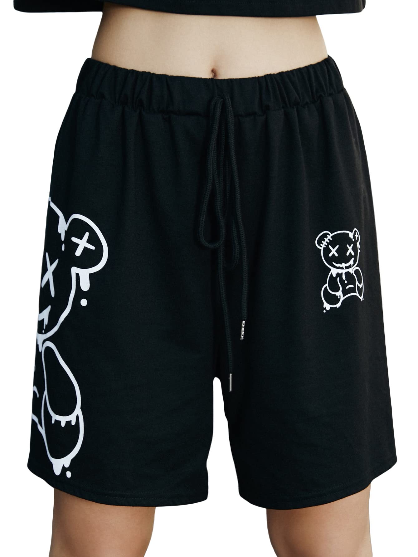 SHENHE Women's Cartoon Bear Print Elastic High Waisted Drawstring Loose Shorts Black XL