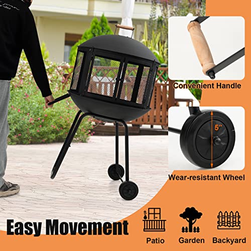 Tangkula Portable Fire Pit with Wheels, 28 Inch Wood Burning Fire Pit with Log Grate, Poker, Rolling Patio Fireplace Wooden Bonfire Firepit for Outdoor Entertaining Black