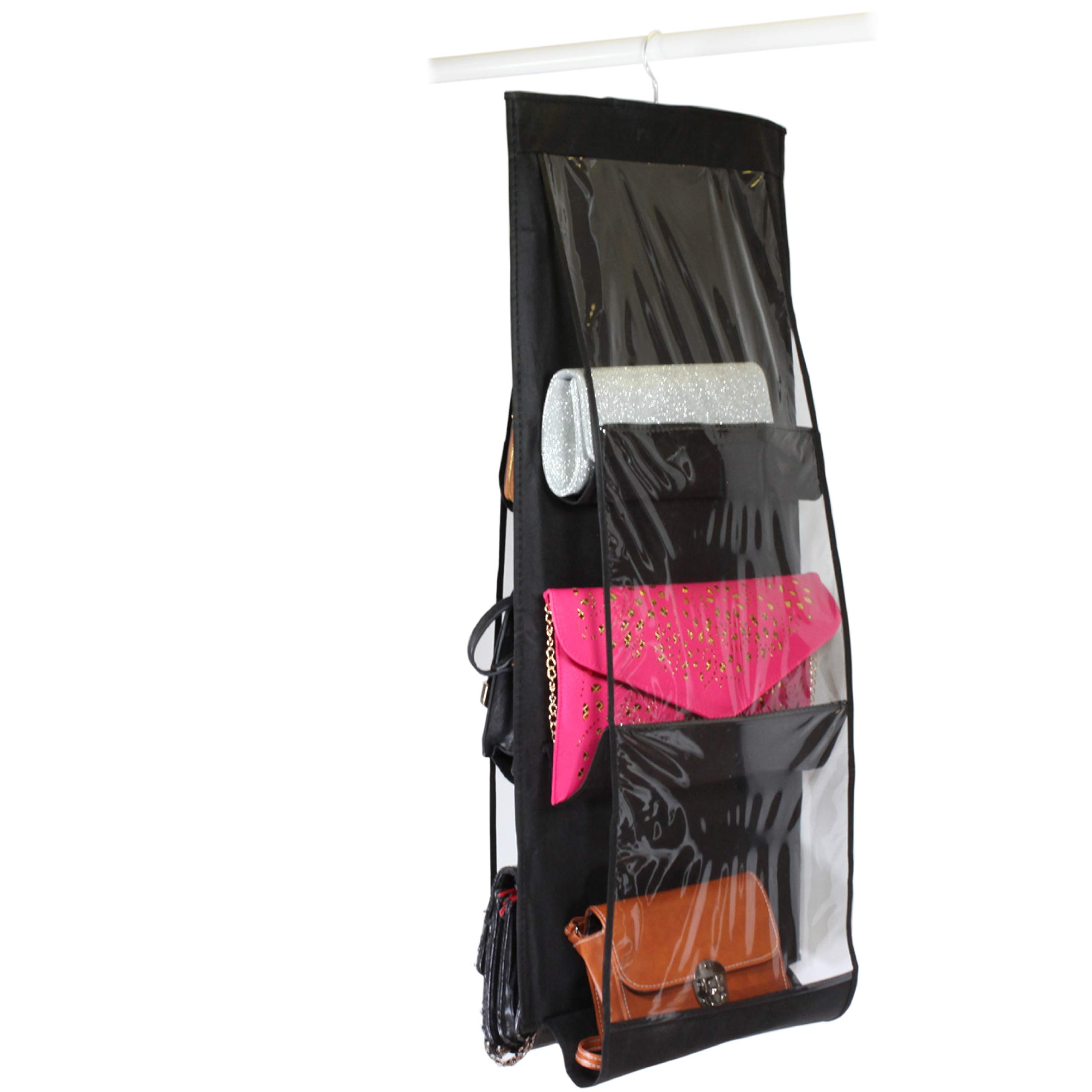MIGHTY TIDY HOME New and Improved Size | Hanging Handbag Purse Organizer for Closet | 6 XL Shelves in Total | Space Saving Hand Bag Storage Holder for Wardrobe Closet (Black)