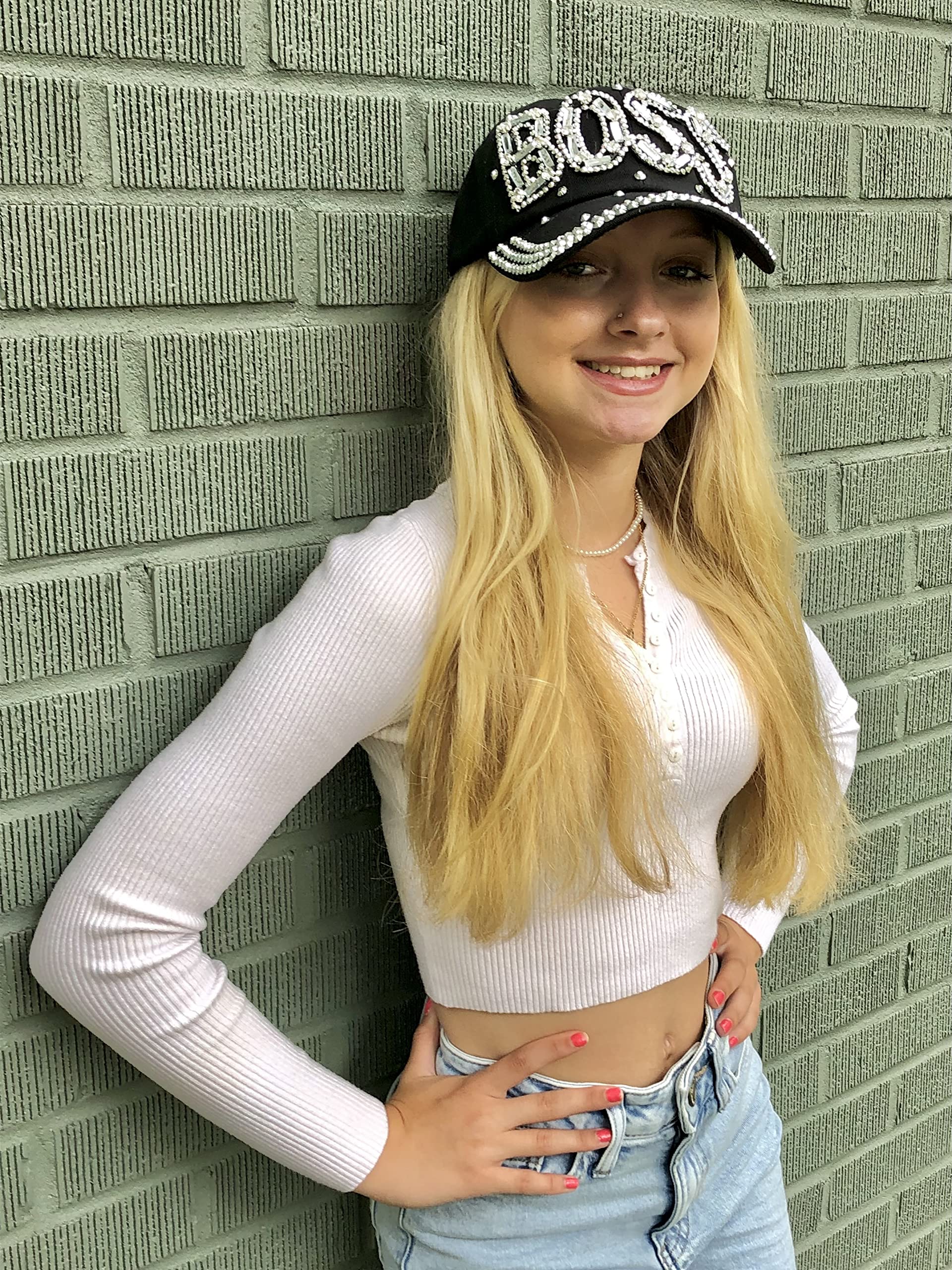 Popfizzy Bling Boss Baseball Cap for Women Rhinestone Hat, Distressed Baseball Caps, Denim Ball Caps (Boss (Black))
