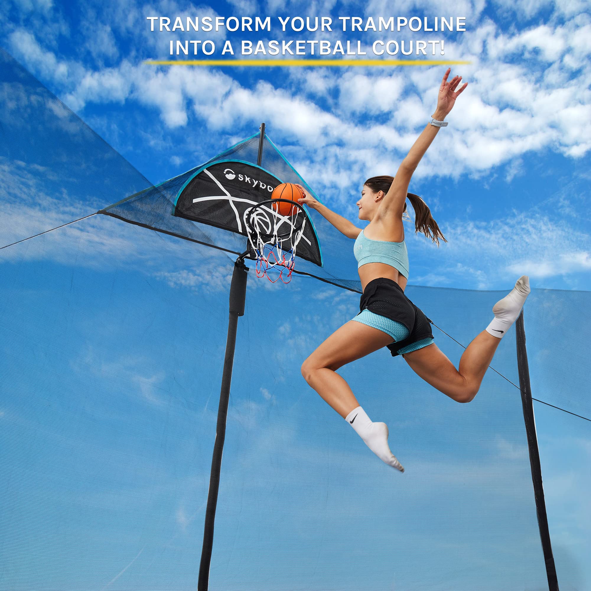 SkyBound Trampoline Basketball Hoop Attachment with Mini Basketball and Pump - Compatible with All Trampolines - Fits for Straight Pole - Safety Hardware - Easy to Assemble