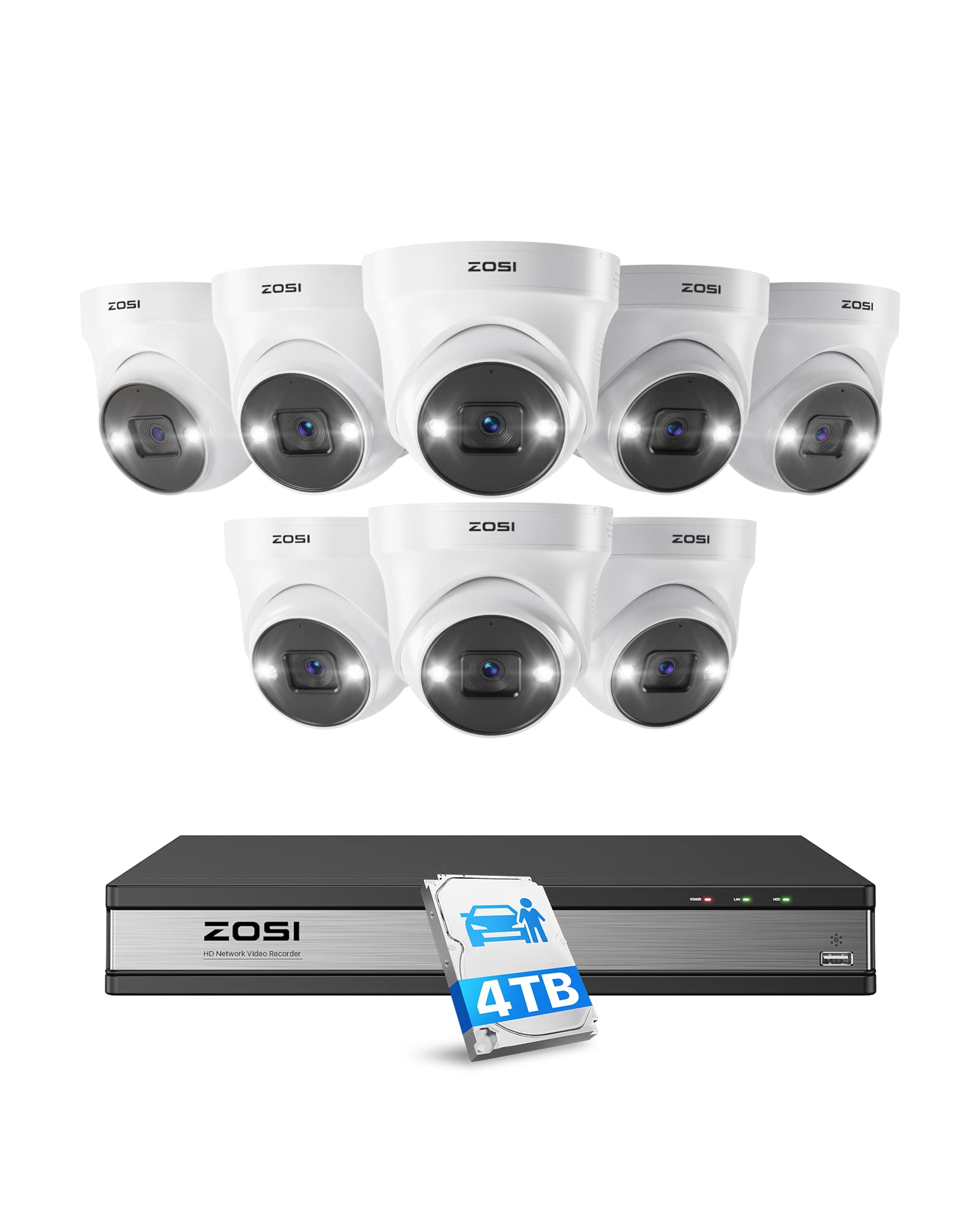 ZOSI 16CH 4K PoE Security Camera System with Person Vehicle Detection,2 Way Audio,Color Night Vision,16Channel 8MP PoE NVR Recorder with 4TB HDD,8pcs 5MP Indoor Outdoor IP Cameras,for 24/7 Recording