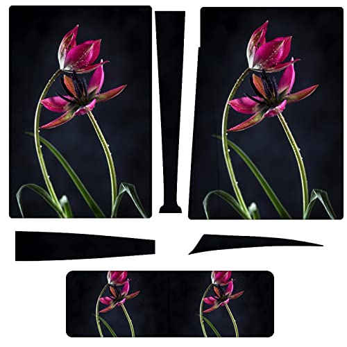 Two Tulips with Dew Drops on Dark Full Protective Skin Cover Design Wrap Decal Sticker Compatible with PS5 Disk Version Console and Controller