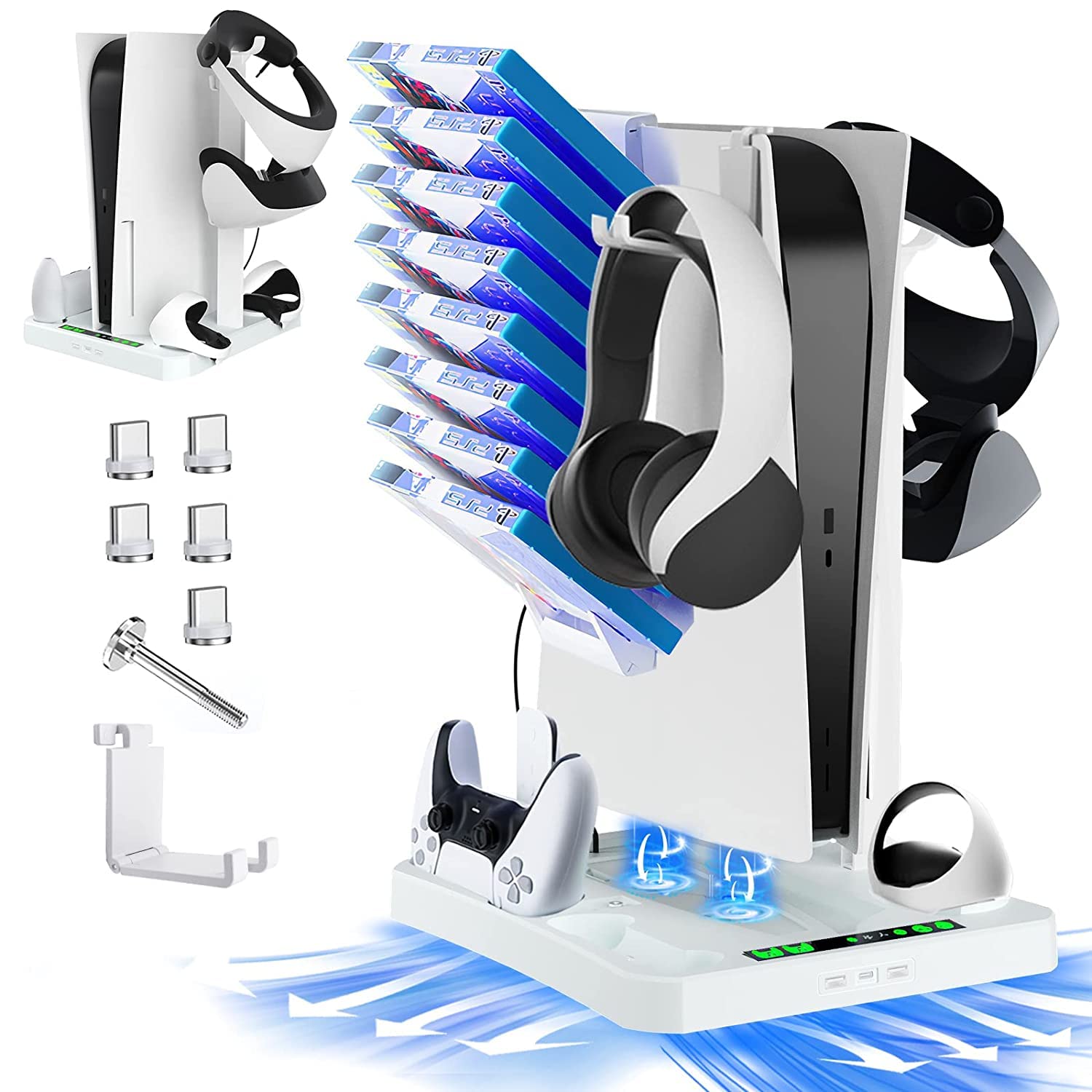 TATACO Controller Charging Station for PSVR 2, [6 in 1] Dock Stand with Cooling Fan for PS5, VR2 PlayStation 5 Console Accessories with LED Light, Gifts for Son