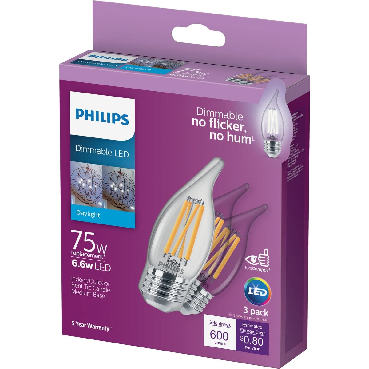 Philips LED Clear Dimmable BA11 Light Bulb - Pack of 3 - EyeComfort Flicker Free - 6.6W = 75W - 600 Lumen - Daylight (5000K) - E26 Base - Indoor - Title 20