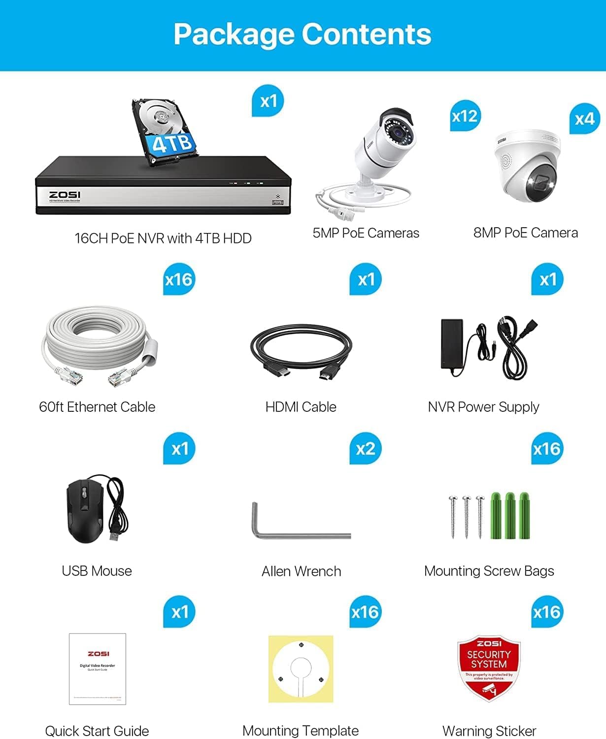 ZOSI 4K 16 Channel PoE Security Cameras System,H.265 4K 8MP 16CH NVR Recorder with 4TB HDD and 4 pcs 8MP& 12 pcs 5MP PoE Dome Cameras,Night Vision,Remote Access,24/7 Recor