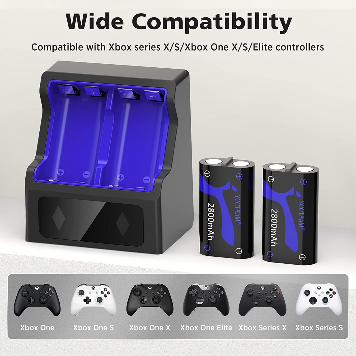 Rechargeable Battery Pack for Xbox One/Xbox Series X/S, 2 x 2800mAh Batteries with High-Speed Charging Station for Xbox One S/One X/One Elite/Xbox Series X/S Controller