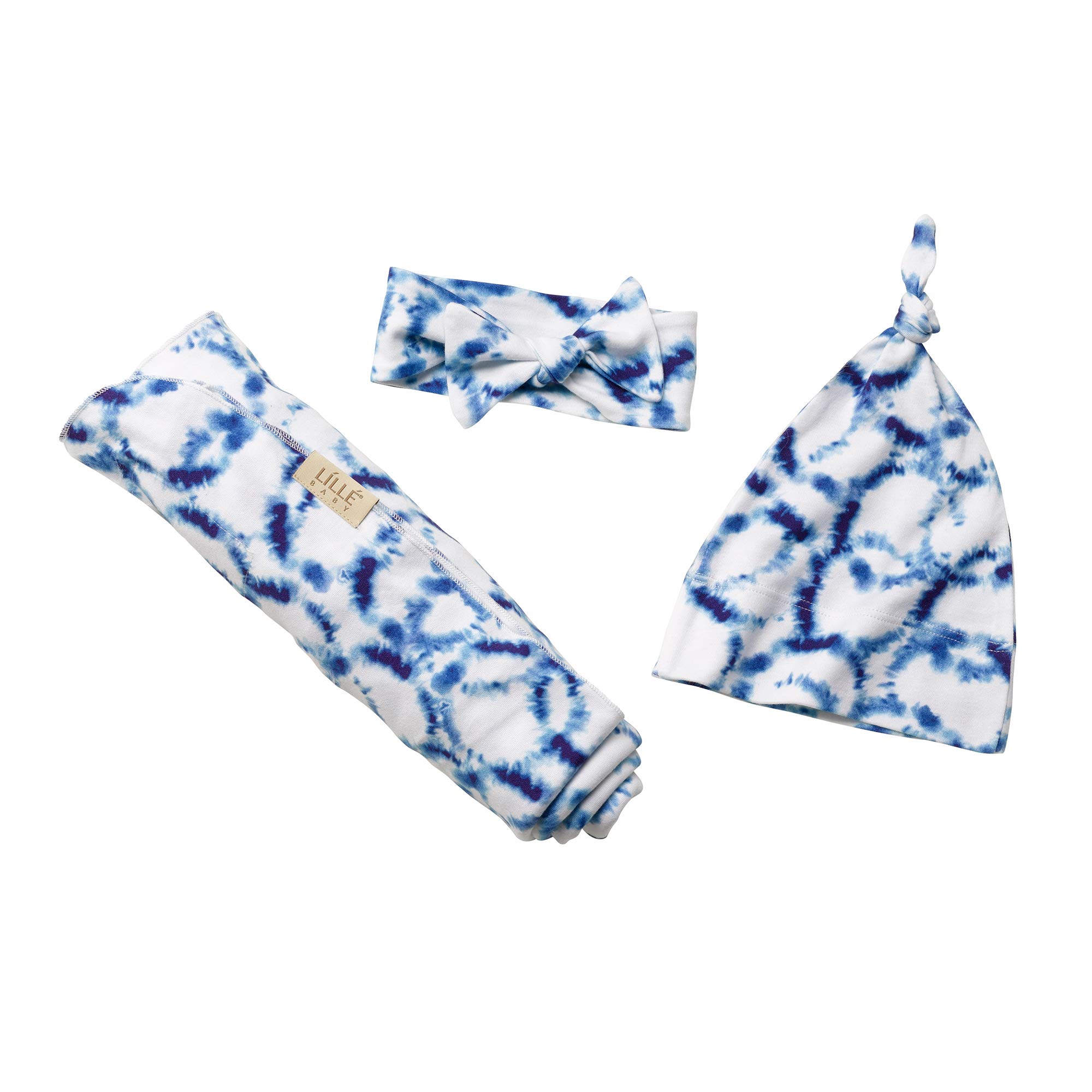 LÍLLÉbaby Cozy Baby Bundle, 3 Items: Hat + Swaddle Blanket + Headband, Shibori