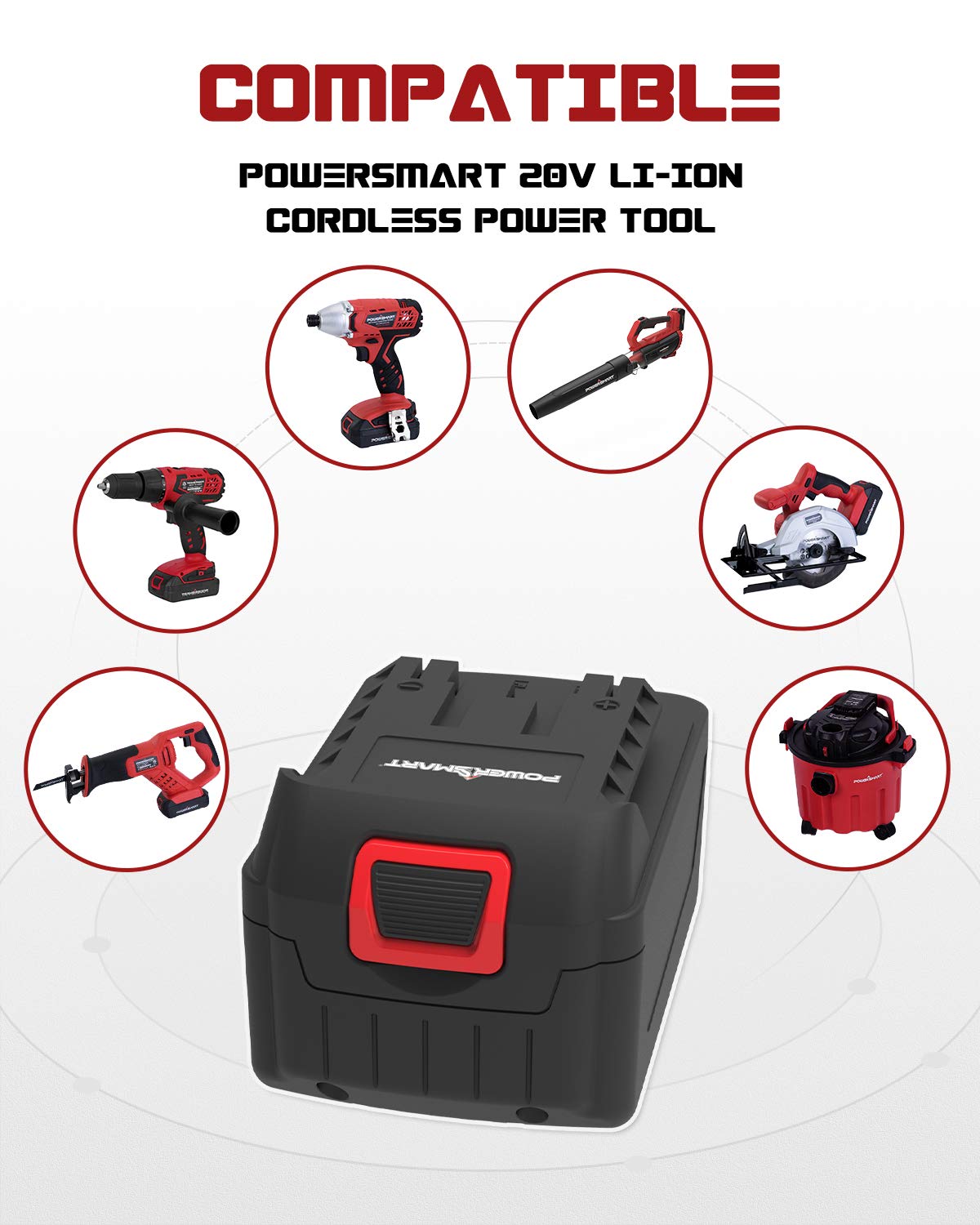 PowerSmart 20V 4.0Ah Lithium-Ion Battery, Replacement Battery