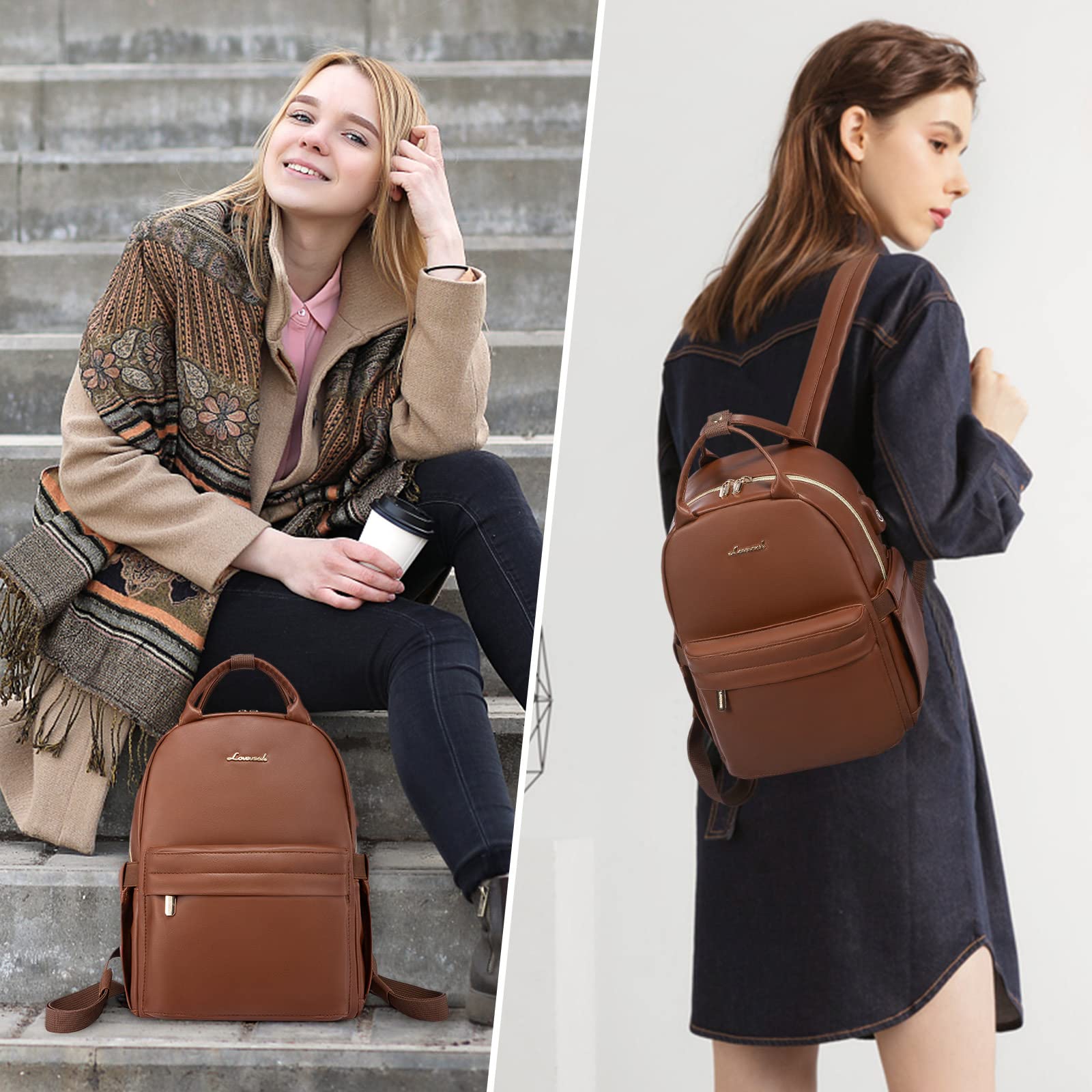 LOVEVOOK Mini Backpack Purse for Women Leather Small Backpack with USB Charging Port, Cute Fashion Daypack for Work Travel Daily, Brown