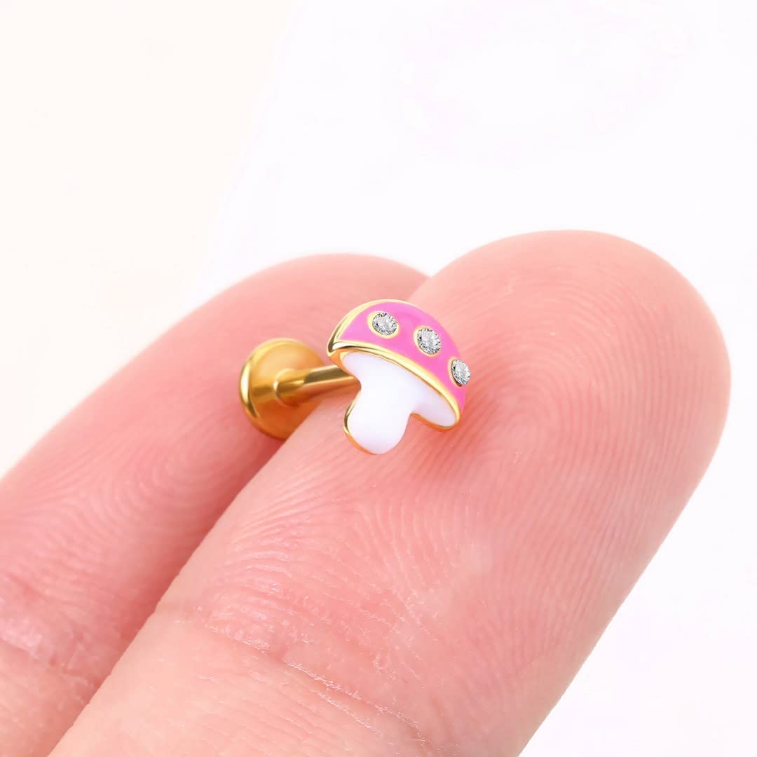 OUFER 16G Lip Ring Studs, 316L Stainless Steel Mushroom Internally Threaded Labret Piercing Jewelry, Paved CZ Lip Rings Helix Tragus Stud Cartilage Earring